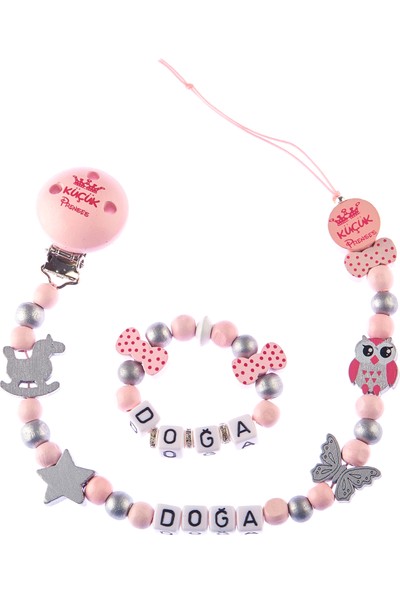 Sahi Aksesuar Tek İsimli Emzik Zinciri ve Bebek Bileklik Gri Pembe