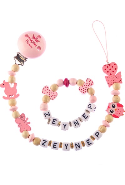 Sahi Aksesuar İsimli Emzik Zinciri ve Bebek Bileklik Pembe