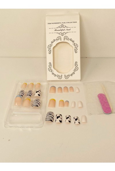 Ponf and More Renkli French Zebra ve Inek Desenli Takma Tırnak Ponf and More Renkli French Zebra ve Inek Desenli Takma Tırnak