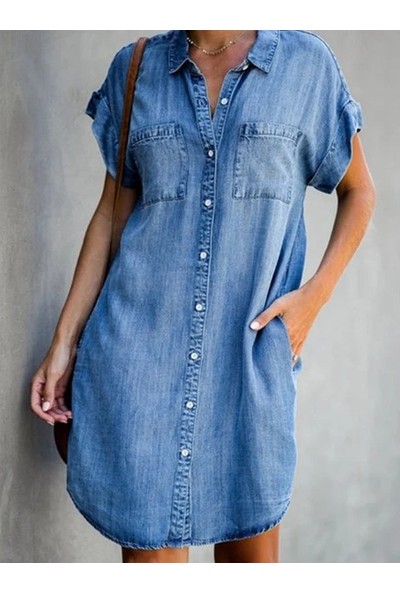 Yifeng Kısa Kollu Kot Elbise (Yurt Dışından)