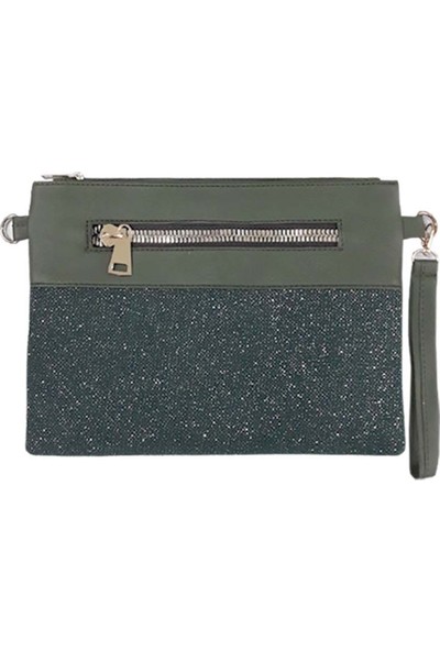 Liderler Yeşil Simli Kumaş-Suni Deri Clutch Çanta Liderler Yeşil Simli Kumaş-Suni Deri Clutch Çanta