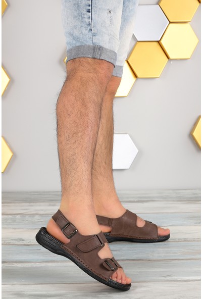 Woggo Ary 12-006 Günlük Kemerli Erkek Sandalet Terlik Kahverengi