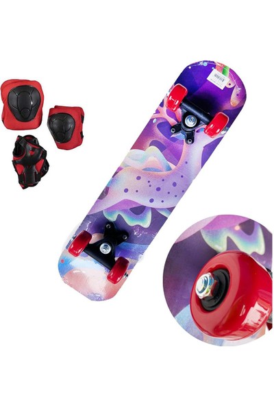 Mor Tonlar 60 cm Kaykay + Koruyucu Set - Çocuk Kaykayı - Kaymaz Yüzel Skate Boy - Skateboard