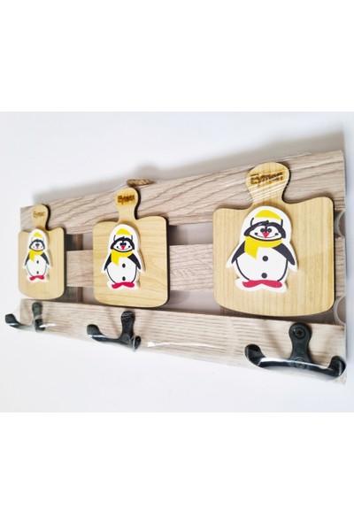Modellino Ahşap El Yapımı 3 Çift Askılı Penguen Dekorlu Duvar Askısı - Anahtarlık & Banyo - Mutfak Askısı