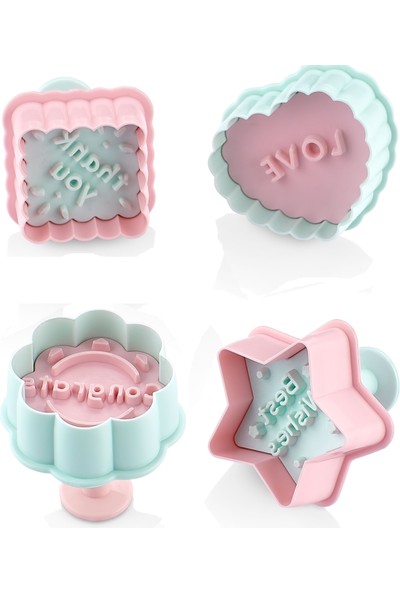 Emofom 4'lü Set Yazı Figürlü Basmalı Kurabiye Kalıbı & Hamur Şekillendirici