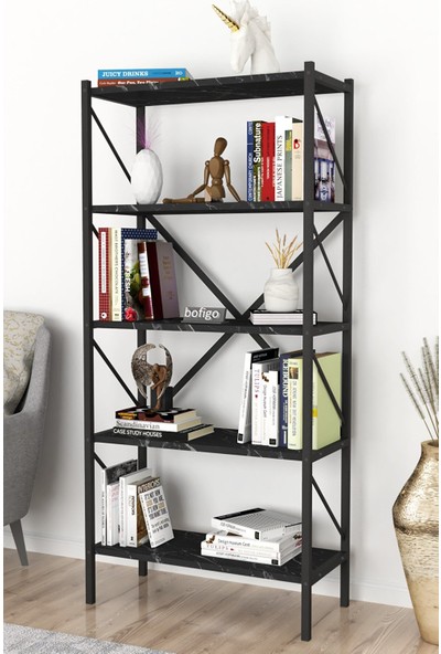 Evimde Dekoratif 5 Raflı Kitaplık Siyah Mermer Desen