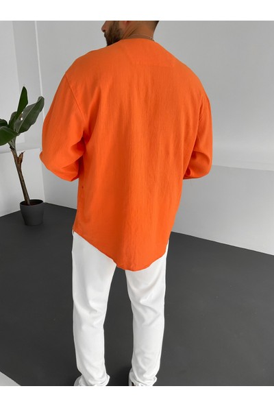 Turuncu Sıfır Yaka Krinkıl Gömlek G-48-81/2