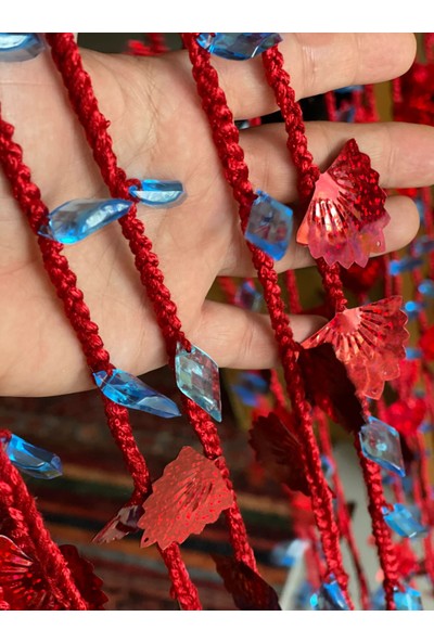 Gönülden Tasarım Kırmızı Yapraklı Mavi Taşlı Tasarım Ip Perde Boy 2.00 cm Gönülden Tasarım Kırmızı Yapraklı Mavi Taşlı Tasarım Ip Perde Boy 2.00 cm