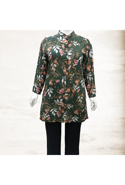Ece Giyim Büyük Beden Yeşil Çiçek Desenli Tunik & Bluz