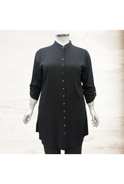 Ece Giyim Büyük Beden Gümüş Şık Düğmeli Siyah Gömlek