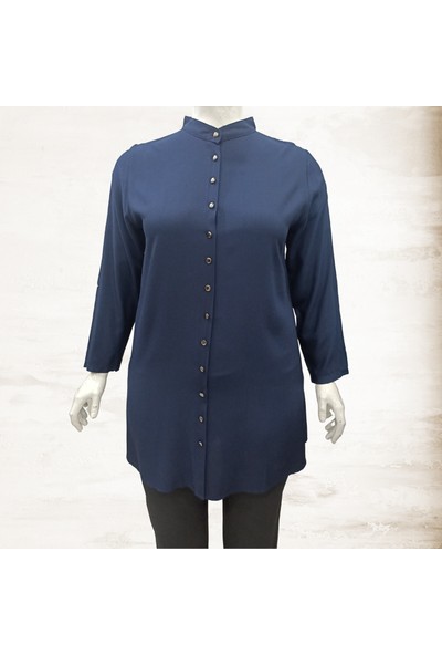 Ece Giyim Büyük Beden Gümüş Şık Düğmeli Lacivert Gömlek