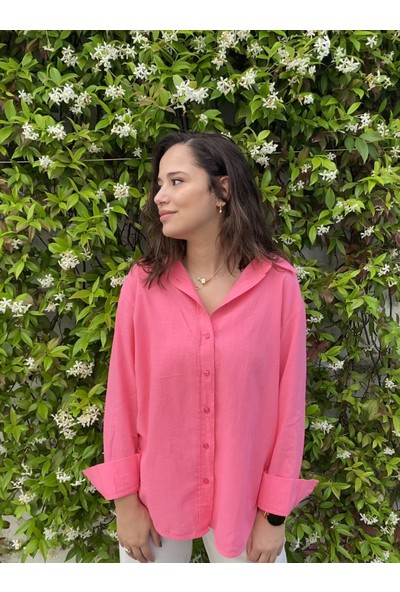 Balsamina Pembe Keten Kadın Gömlek
