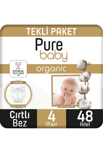 Pure Baby Organik Pamuklu Cırtlı Bez Tekli Paket 4 Numara Maxi 48 Adet Pure Baby Organik Pamuklu Cırtlı Bez Tekli Paket 4 Numara Maxi 48 Adet