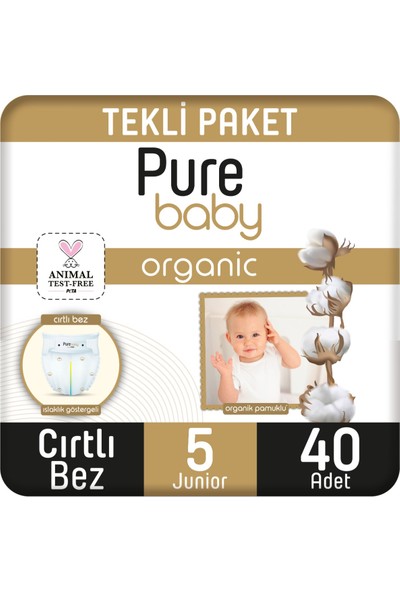 Pure Baby Organik Pamuklu Cırtlı Bez Tekli Paket 5 Numara Junior 40 Adet Pure Baby Organik Pamuklu Cırtlı Bez Tekli Paket 5 Numara Junior 40 Adet