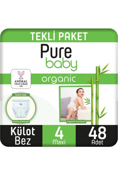 Pure Baby Organik Bambu Özlü Külot Bez Tekli Paket 4 Numara Maxi 48 Adet Pure Baby Organik Bambu Özlü Külot Bez Tekli Paket 4 Numara Maxi 48 Adet