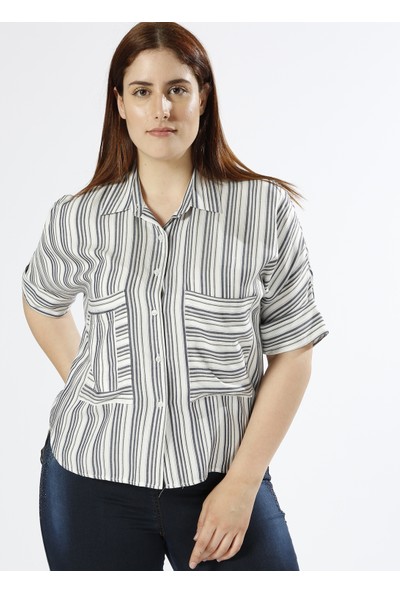 Ekol Çizgili Simli Indigo Bluz