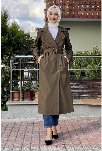 Moda Çizgi Kemerli Trençkot Haki