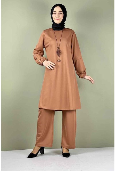 Moda Çizgi Büyük Beden Kolyeli Tesettür Takım Taba