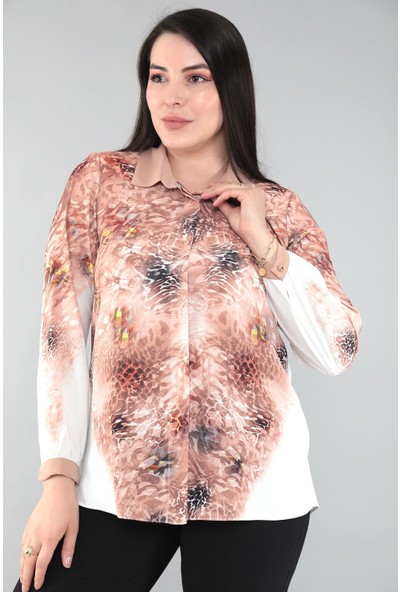 Kifayet Bej Dijital Baskılı Büyük Beden Gömlek