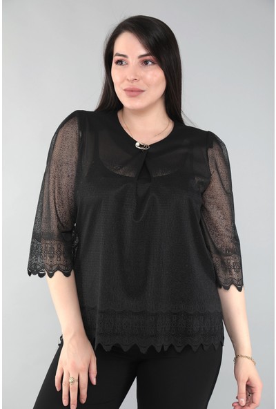 Kifayet Siyah Dantelli Büyük Beden Bluz