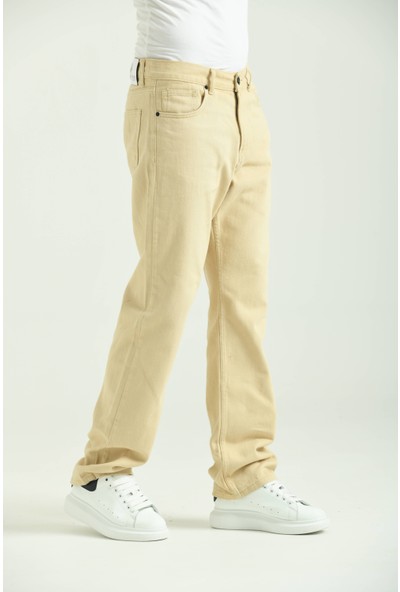Moda1sin Erkek Baggy Loose Regular Fit Jean Düz Bej Bol Kot Pantolon