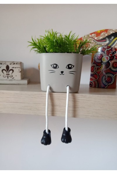 Royaleks Sallanan Ayaklı Kedicik Saksıda Yapay Çiçek Kahve