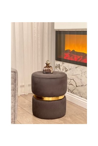 Breda Home Lüx Spor Dikişli Krom Detaylı Silinebilir Kadife Gri Puf