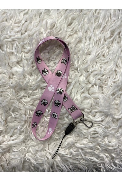 Florest Pembe Kedi Desenli Telefon Askılığı ve Boyun Ipi