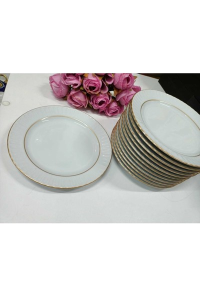 Güral Porselen Yaldızlı Pasta Tabak - 6 Lı 20 cm Düz Pasta Tabağı