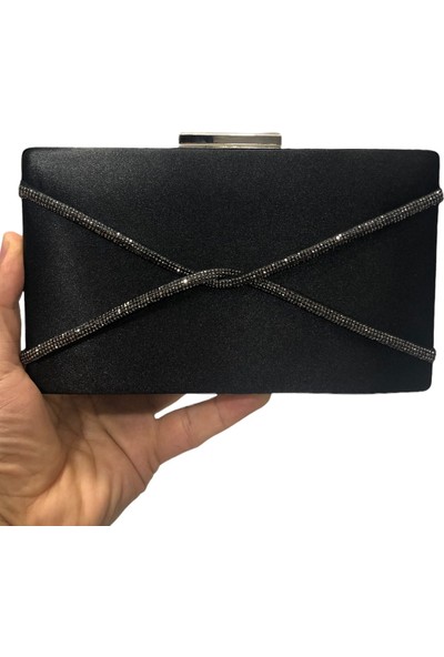 Elizabell Siyah Çapraz Taş Desenli Kadın Abiye Çanta Saten Elizabell Siyah Çapraz Taş Desenli Kadın Abiye Çanta Saten