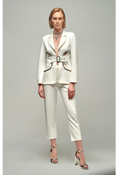 Mianotte Gümüş Taş Detaylı Beli Pencereli Kemerli Ceket Kemik