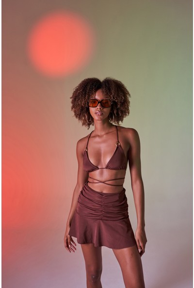 Holly Lolly Yüksek Bel Büzgü Detaylı Delphi Mini Etek Kahverengi