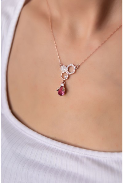 Papatya Silver 925 Ayar Gümüş Rose Kaplama Pembe Taşlı Petek Arı Kadın Kolye Papatya Silver 925 Ayar Gümüş Rose Kaplama Pembe Taşlı Petek Arı Kadın Kolye