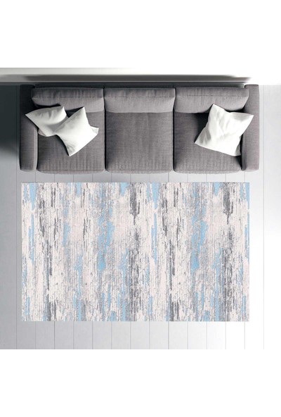 Tekstil Sepeti Kadife Lastikli Halı Örtüsü Mavi Çizgi Kaymaz Dijital Baskı Kumaş