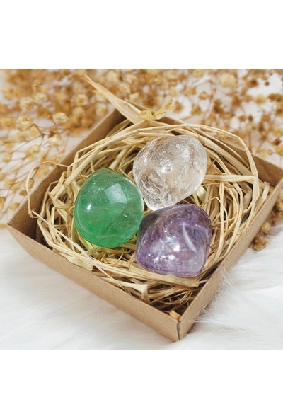 NehirTaş Florit Taşı Kristal Kuvars Taşı Ametsit 3'lü Set NehirTaş Florit Taşı Kristal Kuvars Taşı Ametsit 3'lü Set