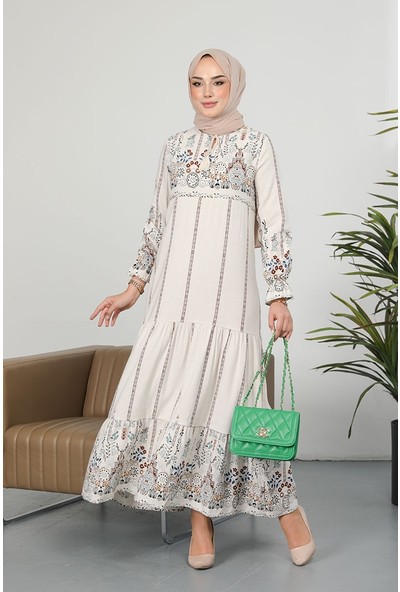 Çiçek Desen Tam Boy Ilkay Tesettür Keten Elbise 317 - Bej