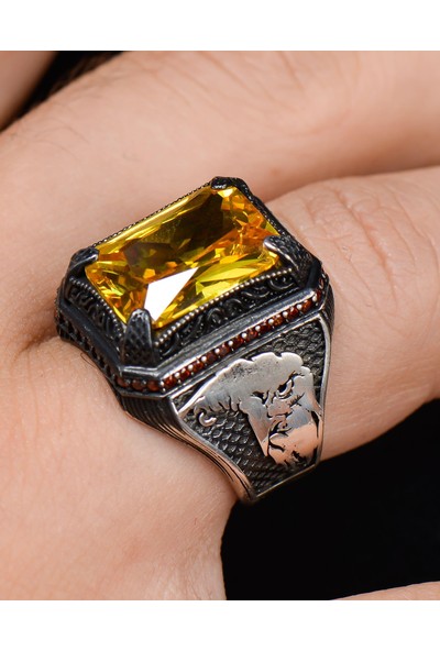 Prestige Gümüş 925 Ayar Gümüş Erkek Yüzüğü Sitrin Taşlı Kartal Figürlü