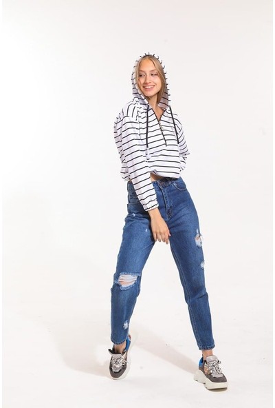 Enayax Kapşonlu Yarım Fermuarlı Altı Büzgülü Sweatshirt