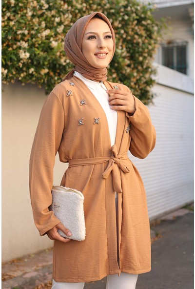 İmaj Butik Taş Işlemeli Tesettür Kimono Camel