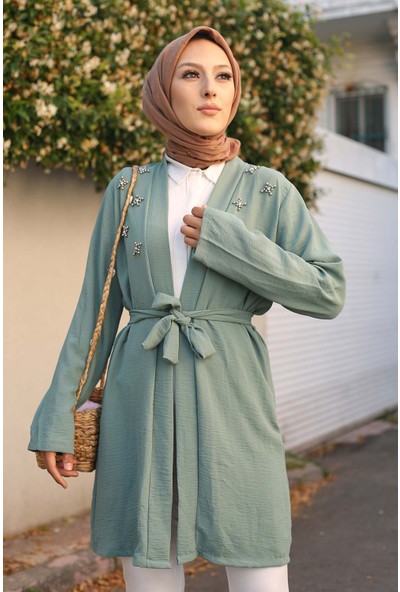 İmaj Butik Taş Işlemeli Tesettür Kimono Mint