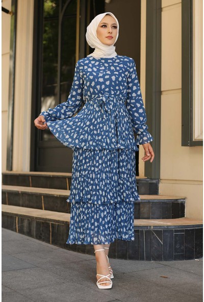 İmaj Butik Kat Kesimli Tesettür Elbise İndigo
