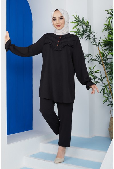 İmaj Butik Büyük Beden Ön Fırfır Detaylı Tesettür Takım Siyah