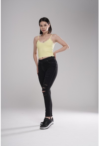Mdz Collectıon Taşlı Diz Yırtmaçlı Denim Pantolon