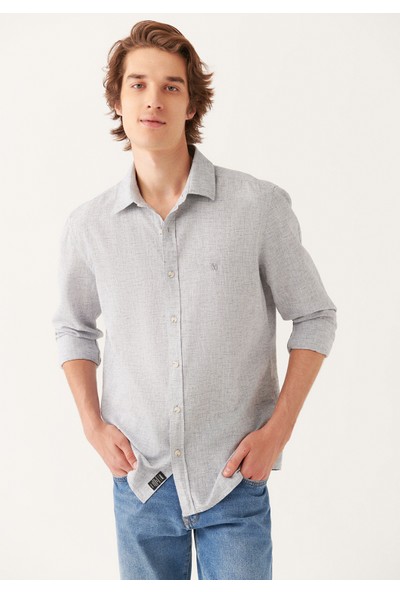 Mavi Keten Karışımlı Mavi Gömlek