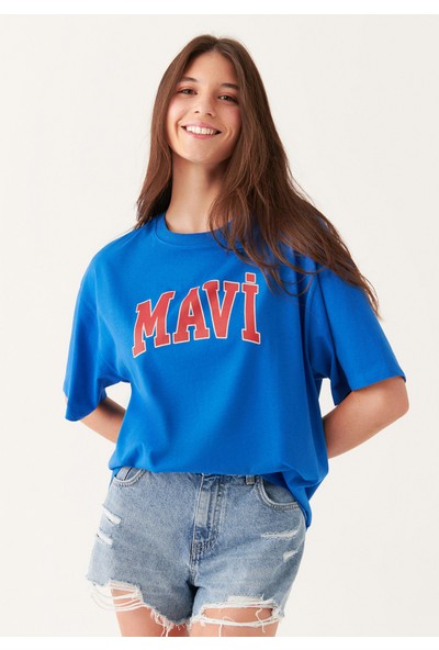 Mavi Logo Baskılı Mavi Tişört