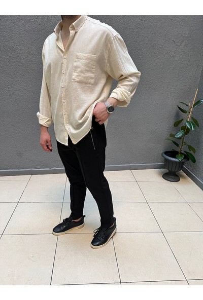 Manlyyonline Oversize Cepli Ekru Pamuk Gömlek Manlyyonline Oversize Cepli Ekru Pamuk Gömlek