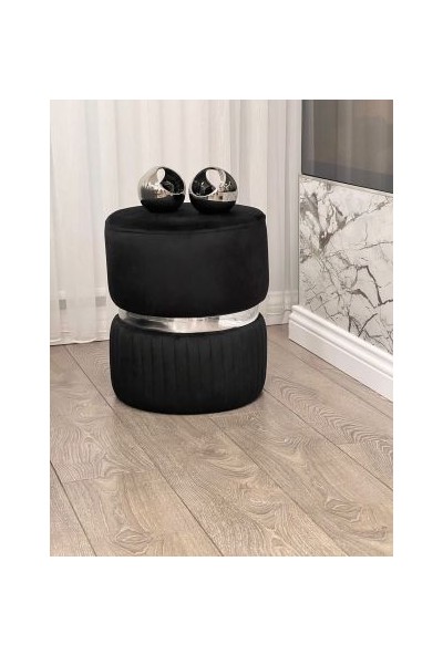 Breda Home Lüx Spor Dikişli Krom Detaylı Silinebilir Kadife Siyah Puf