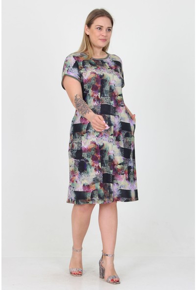 Neşeli Butik Kadın Yeni Sezon Desenli Midi Boy Büyük Beden Viskon Elbise AYSL19