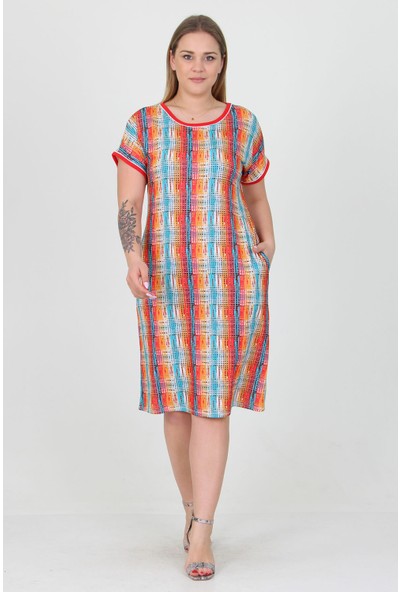 Neşeli Butik Kadın Desenli Midi Boy Cepli Büyük Beden Elbise AYSL34 Neşeli Butik Kadın Desenli Midi Boy Cepli Büyük Beden Elbise AYSL34
