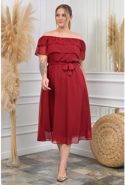 Neşeli Butik Kadın Madonna Yaka Büyük Beden Şifon Elbise NB8061